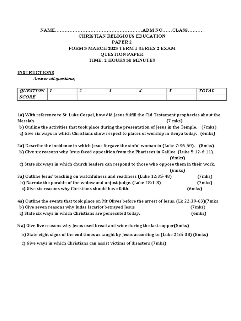 Form 3 Cre Series 2 Exam 2023 | PDF | Jesus | Nativity Of Jesus