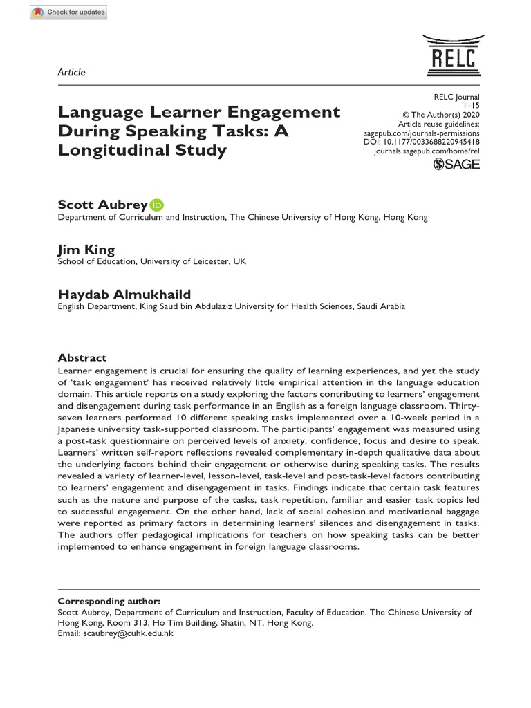 Language Learner Engagement During Speaking Tasks | PDF | Learning ...
