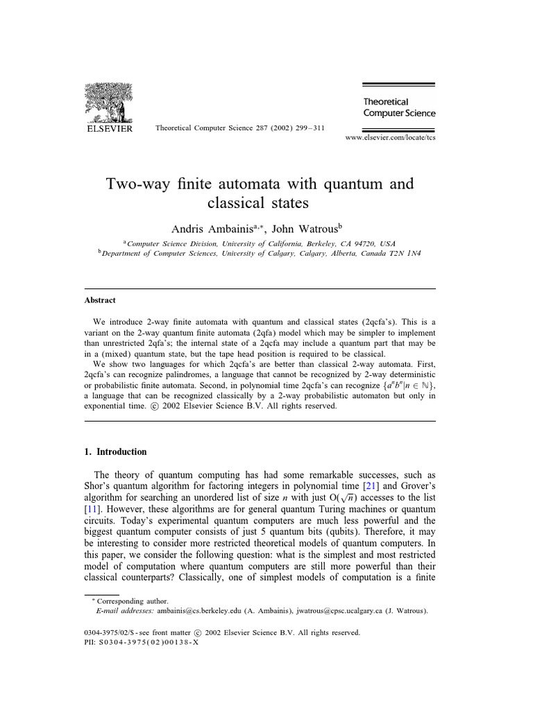 Two Way Finite Automata With Quantum And Classi 2002 Theoretical Computer Sc Pdf Quantum