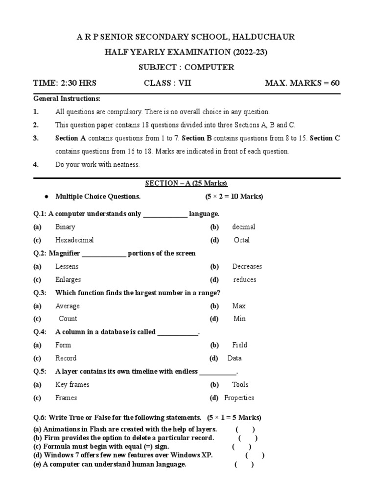 A R P Senior Secondary School, Halduchaur Half Yearly Examination (2022 ...