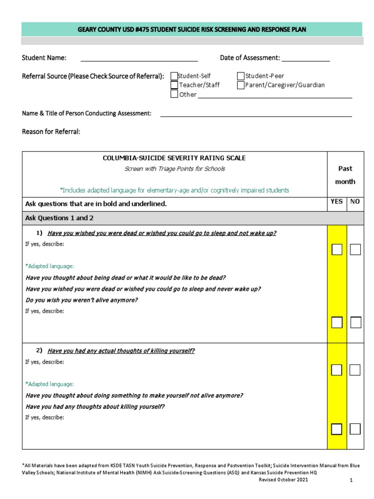 Usd 475 Suicide Screening Revised 10-2021 | Download Free PDF | Mental ...