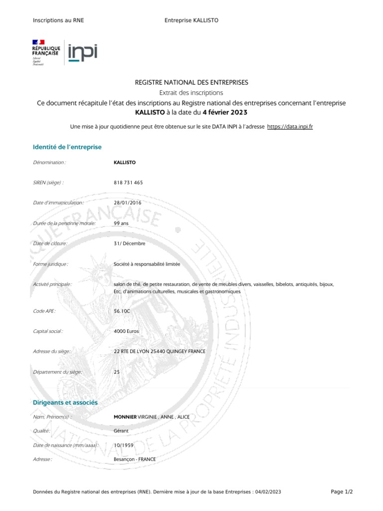 Inscription de KALLISTO au RNE | PDF | Économie | Économie d'entreprise