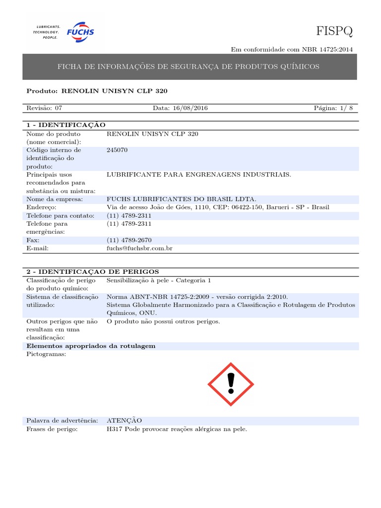 21 - Renolin Unisyn CLP 320 - Fispq GHS | PDF | Embalagem e rotulagem ...