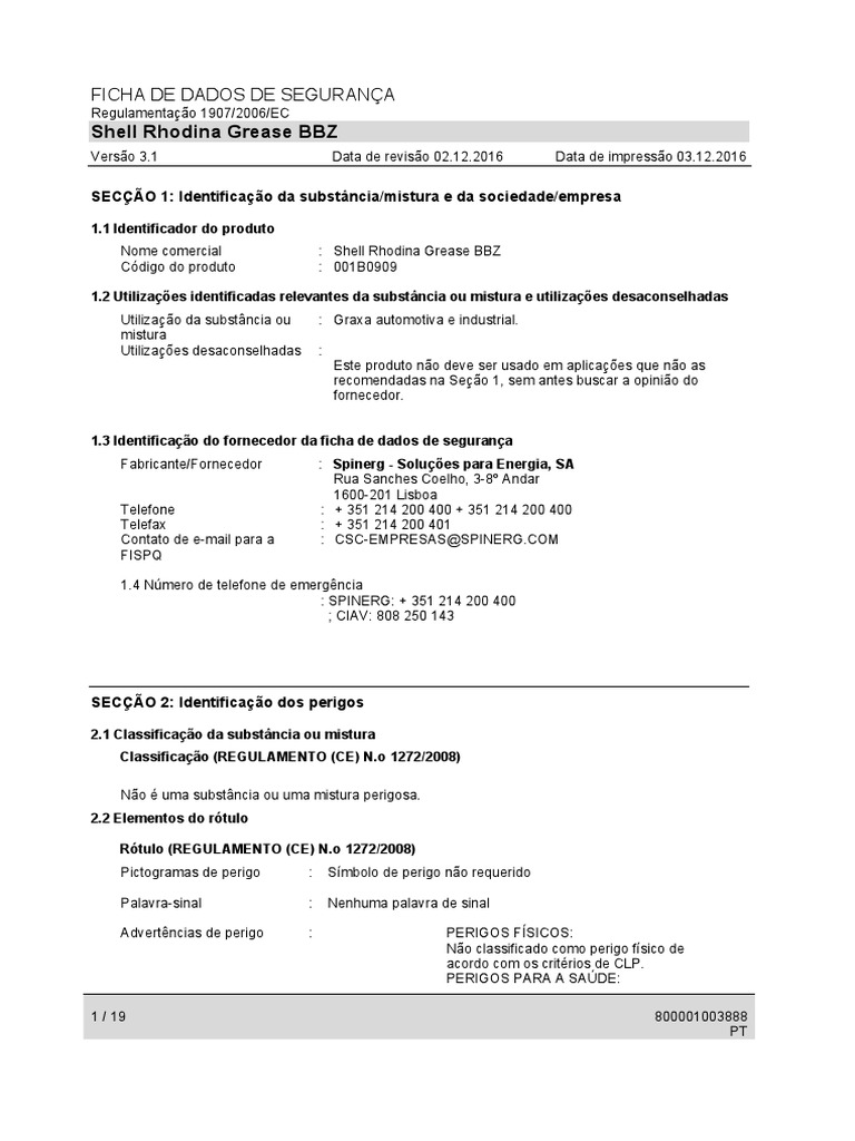 Ficha de Segurança: Shell Rhodina Grease BBZ | PDF | Desperdício ...