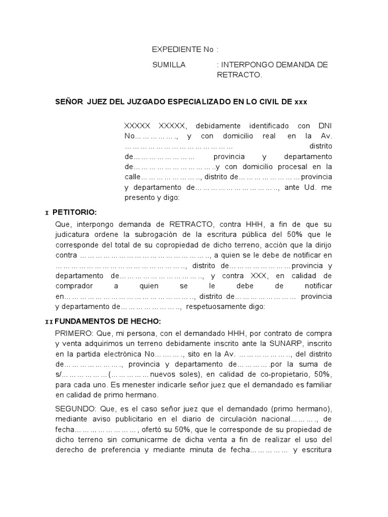 Modelo de Demanda de Retracto | PDF | Gobierno | Derecho Civil (Common Law)