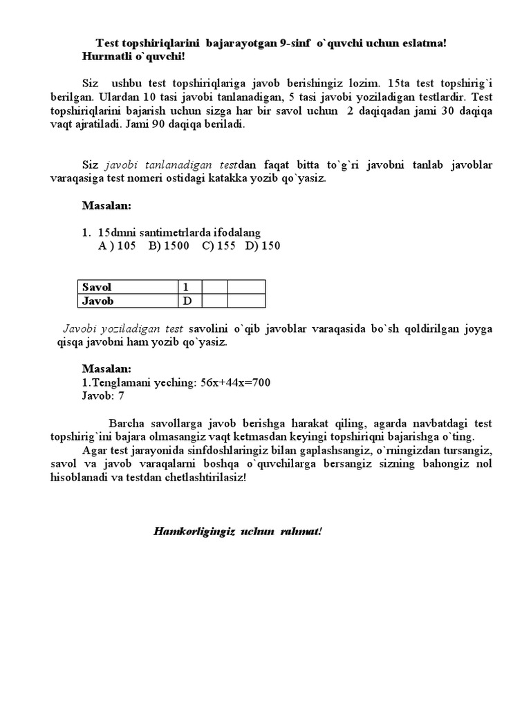 Test Topshiriqlarini Bajarayotgan 9-Sinf O'quvchi Uchun Eslatma ...