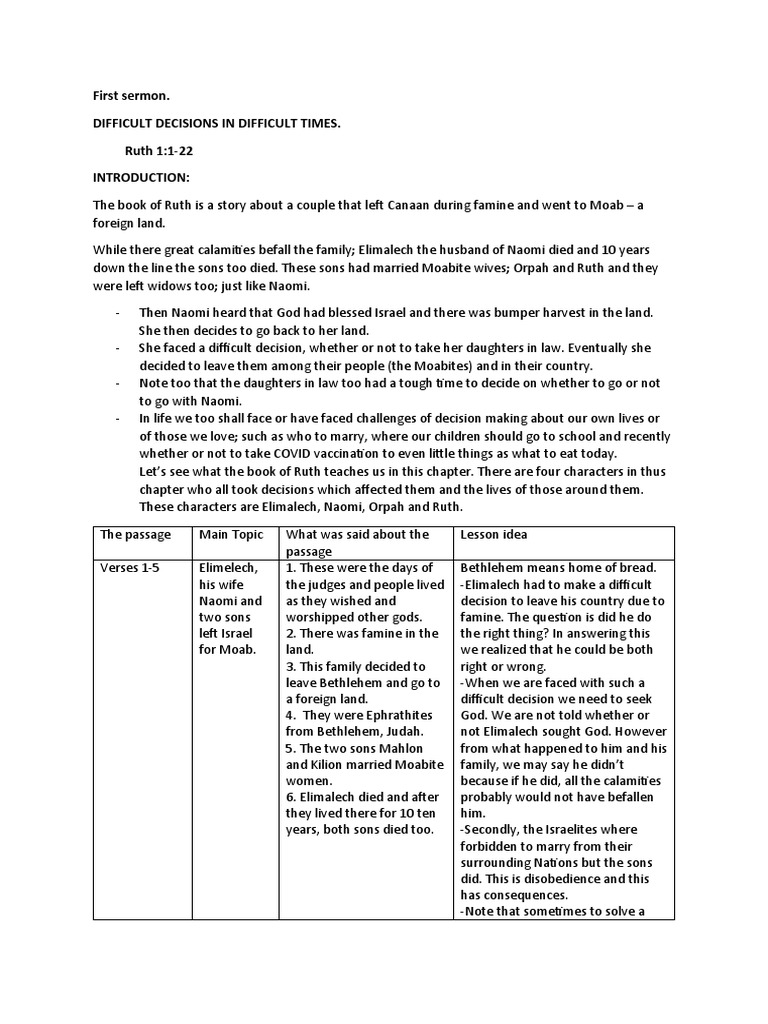 First Sermon. Difficult Decisions in Difficult Times | PDF | Ruth ...