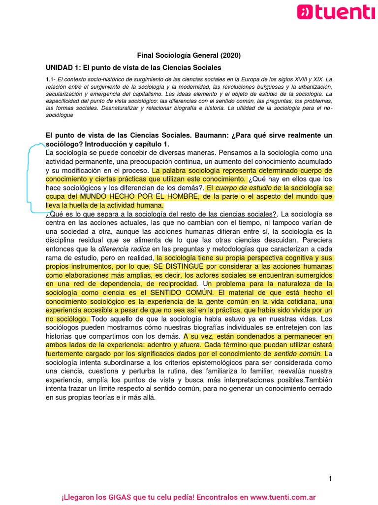 Final Sociología General (2020) UNIDAD 1: El Punto de Vista de Las Ciencias Sociales | PDF ...