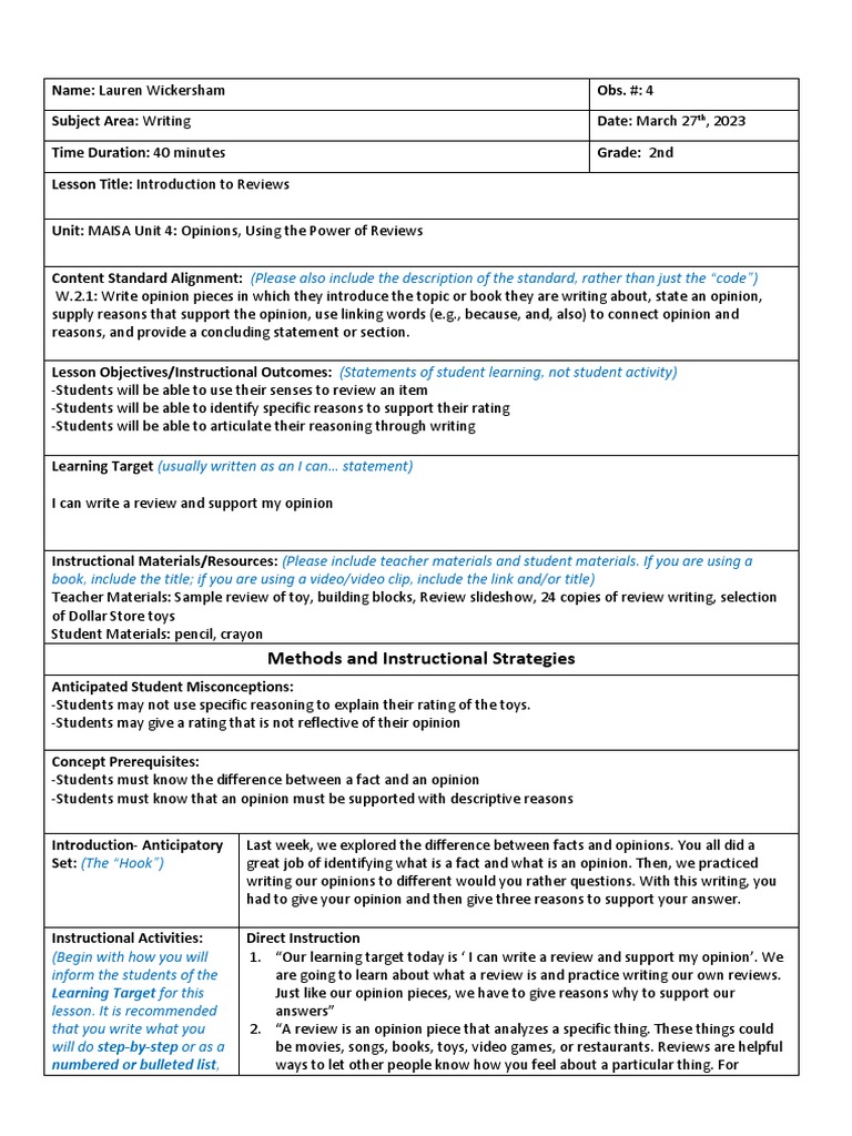 Review Writing Lesson Plan PDF | PDF | Toys | Learning