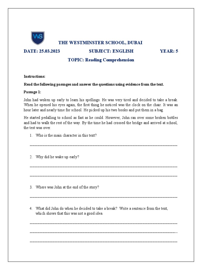 Reading Comprehension Worksheet | PDF | Linguistics | Cognition