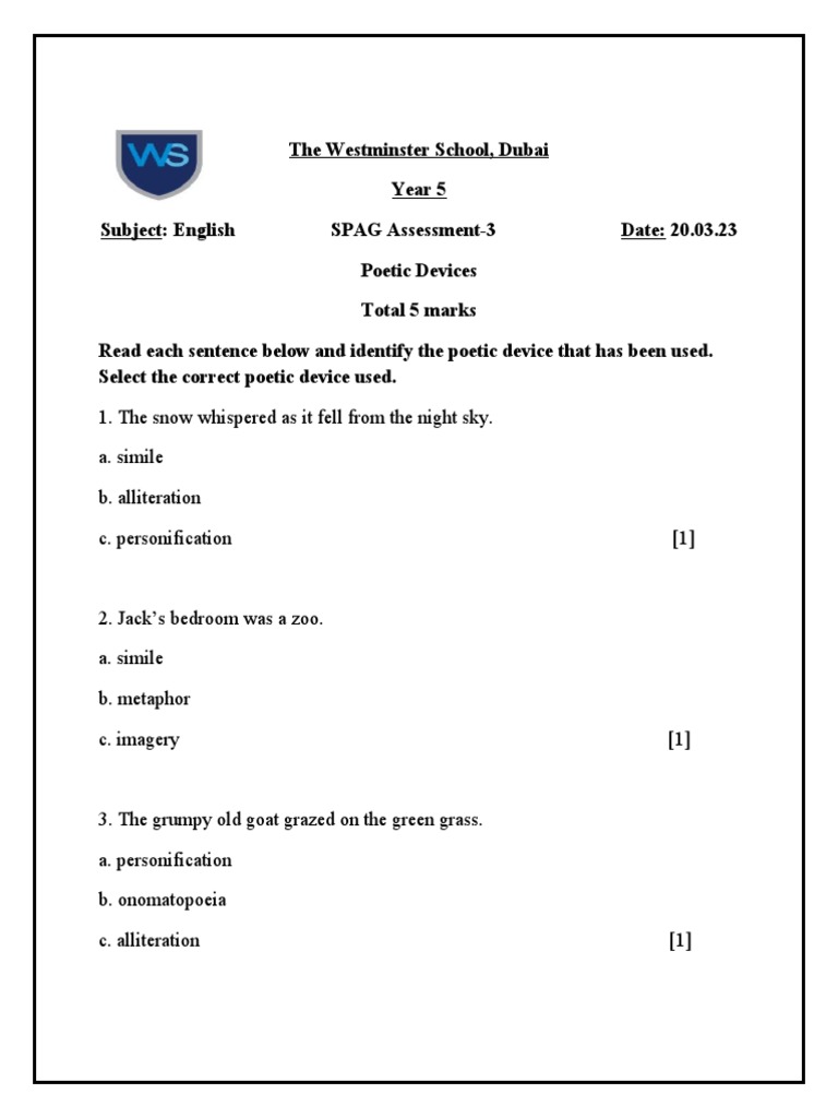Poetic Devices Worksheet | PDF
