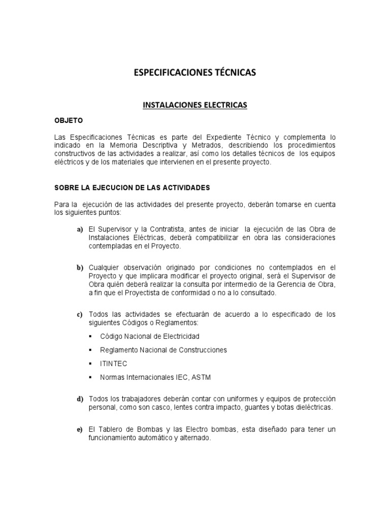 Especificaciones Técnicas: Instalaciones Electricas | PDF | Conductor electrico | Cobre