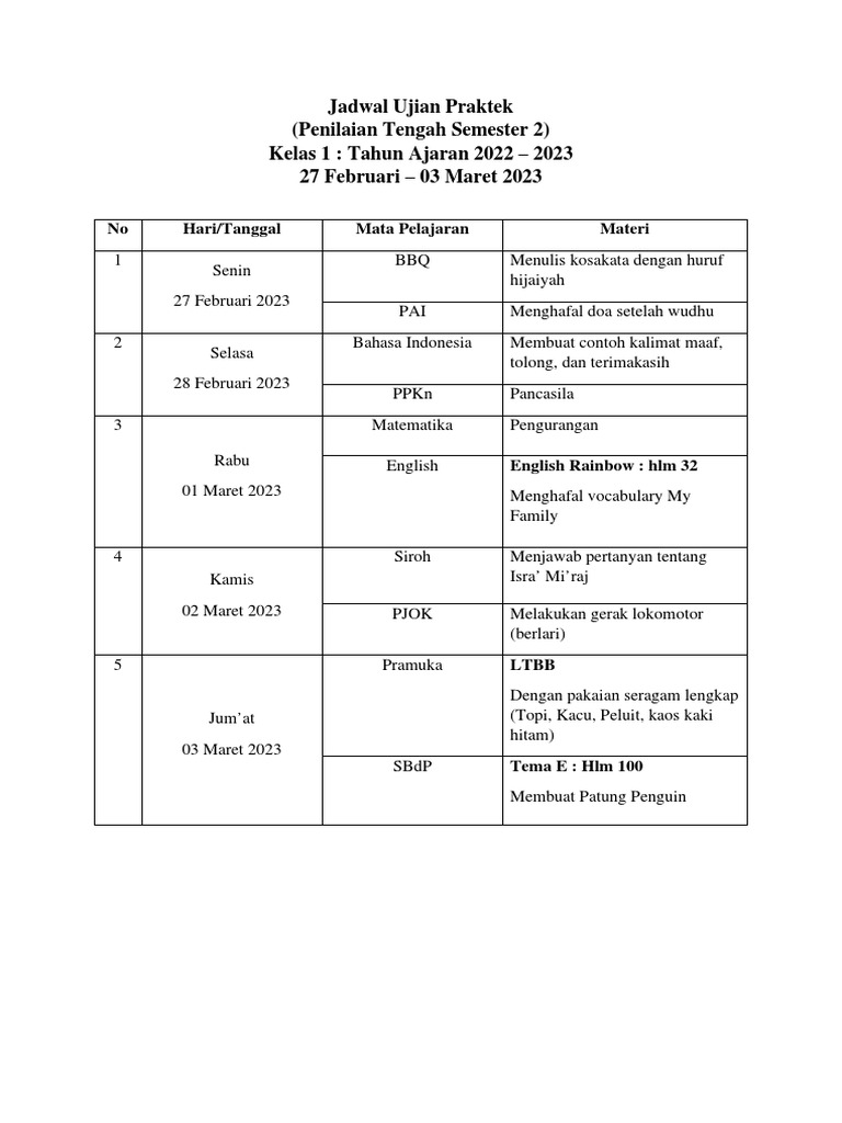 Jadwal Ujian Praktek Kelas 1 | PDF