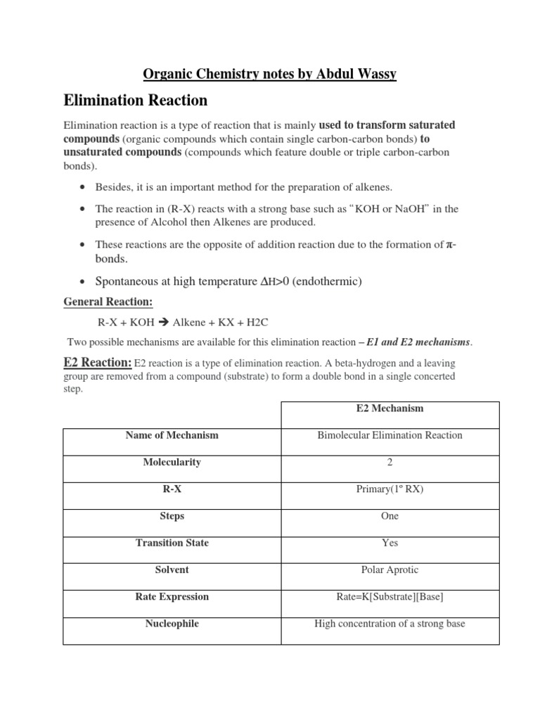 Elimination Reaction: Organic Chemistry Notes by Abdul Wassy | PDF ...