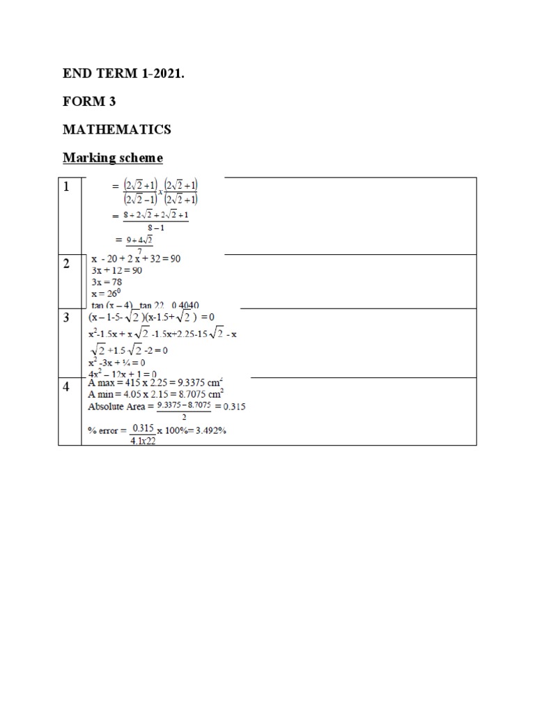 2021 Form 3 Maths Marking Scheme | PDF