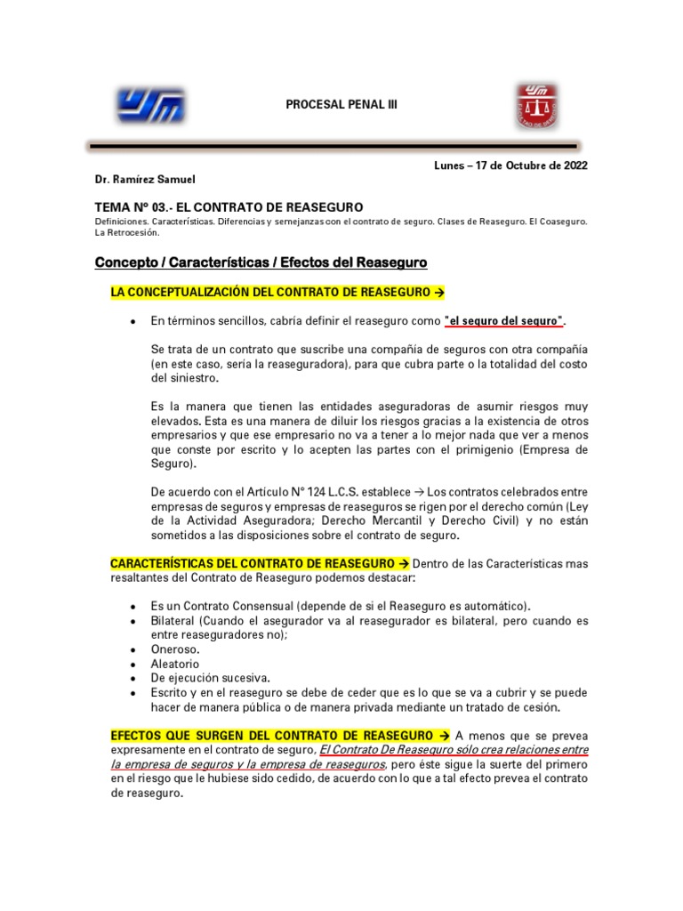 Mercantil Ii - Tema #03 - El Contrato de Reaseguro | PDF | Reaseguro | Seguro