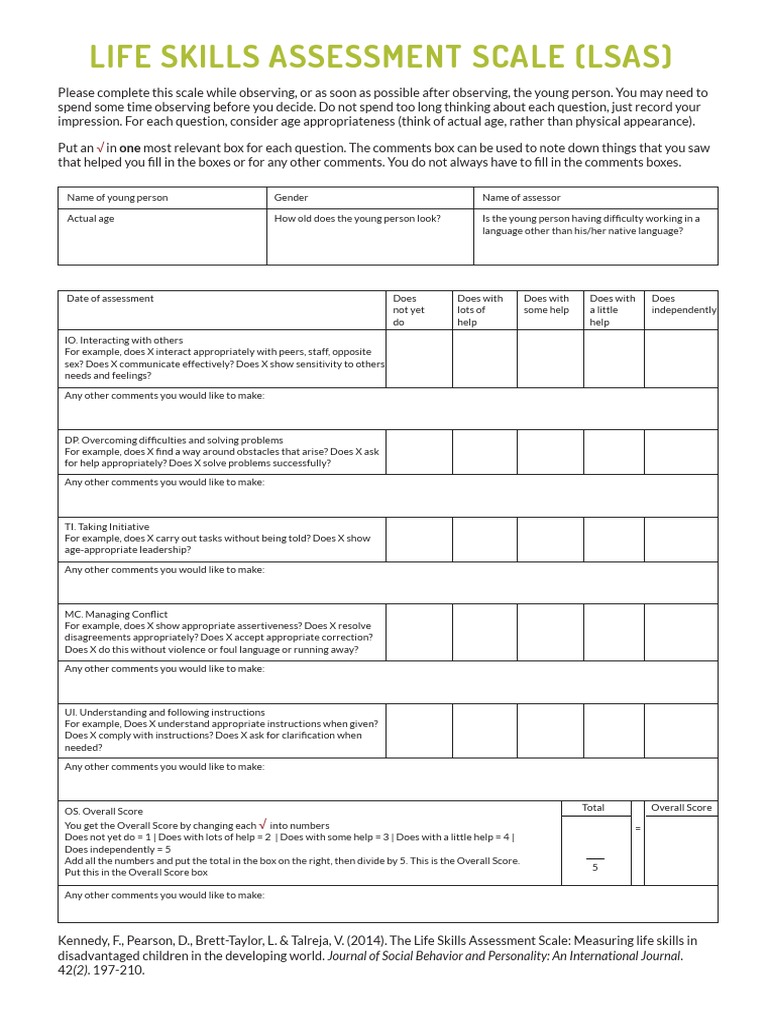Life Skills Assessment Scale - LSAS | PDF | Psychology | National ...