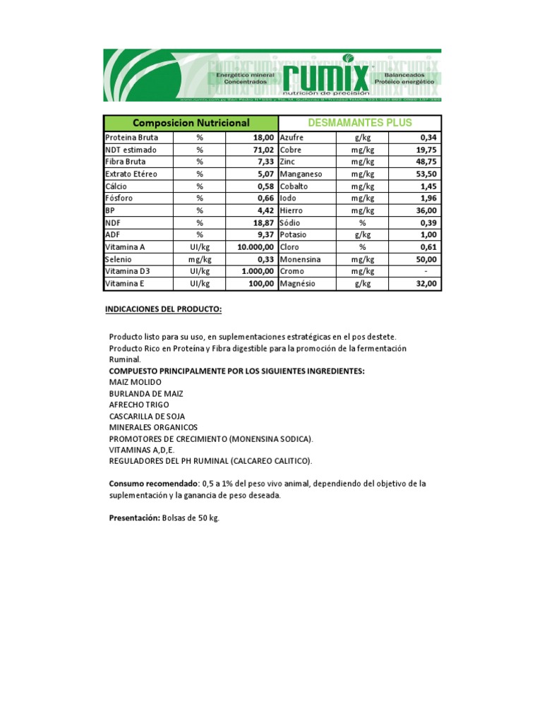 Balanceado Rumix Desmamantes | PDF | Salud y bienestar