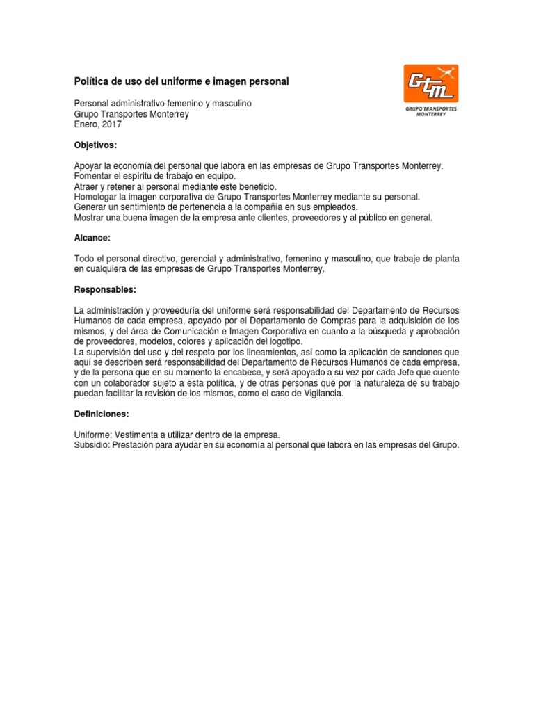 Pol Tica de Uso Del Uniforme e Imagen Personal Ene 2017 | PDF | Zapato | Gestión de recursos humanos