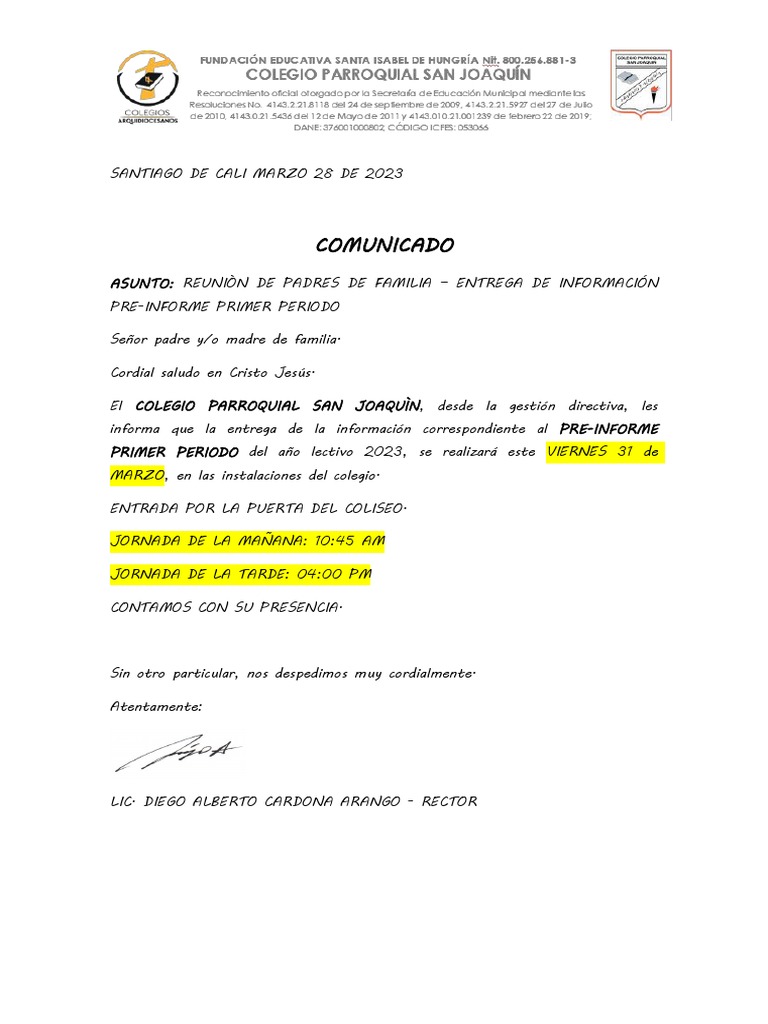 Comunicado Reuniòn - Preinforme 1P A Padres de Familia-1 | PDF