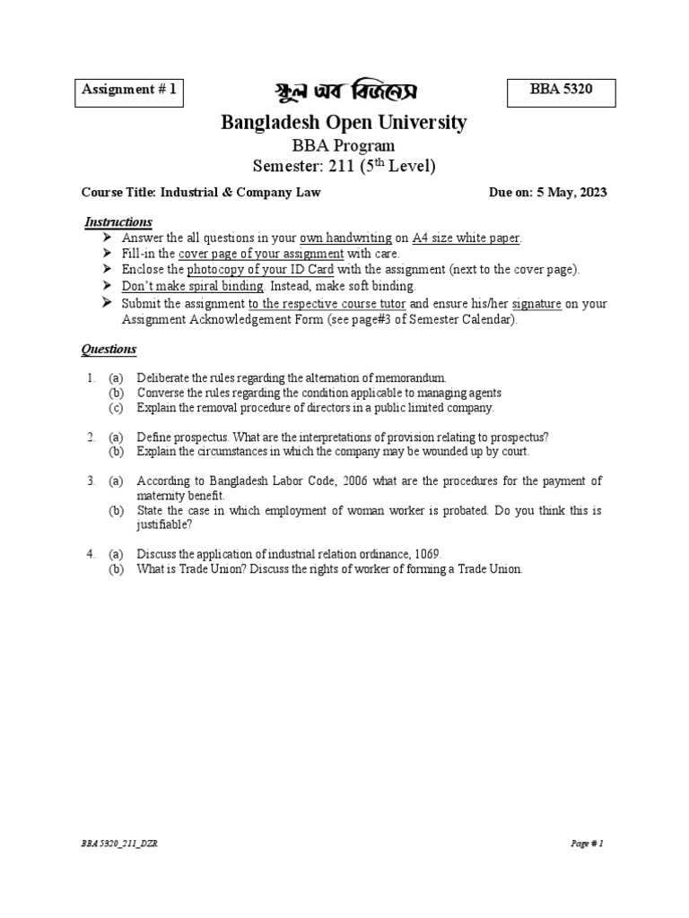 Bangladesh Open University: BBA Program Semester: 211 (5 Level) | PDF ...