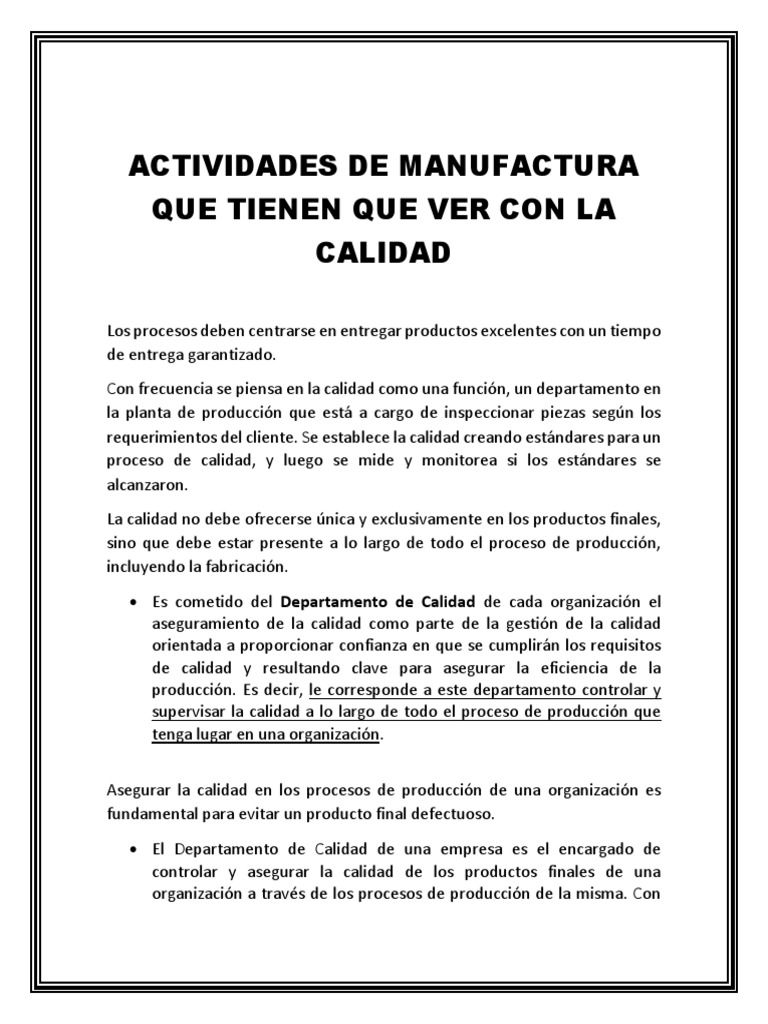 Actividades de Manufactura Que Tienen Que Ver Con La Calidad | PDF | Calidad (comercial ...