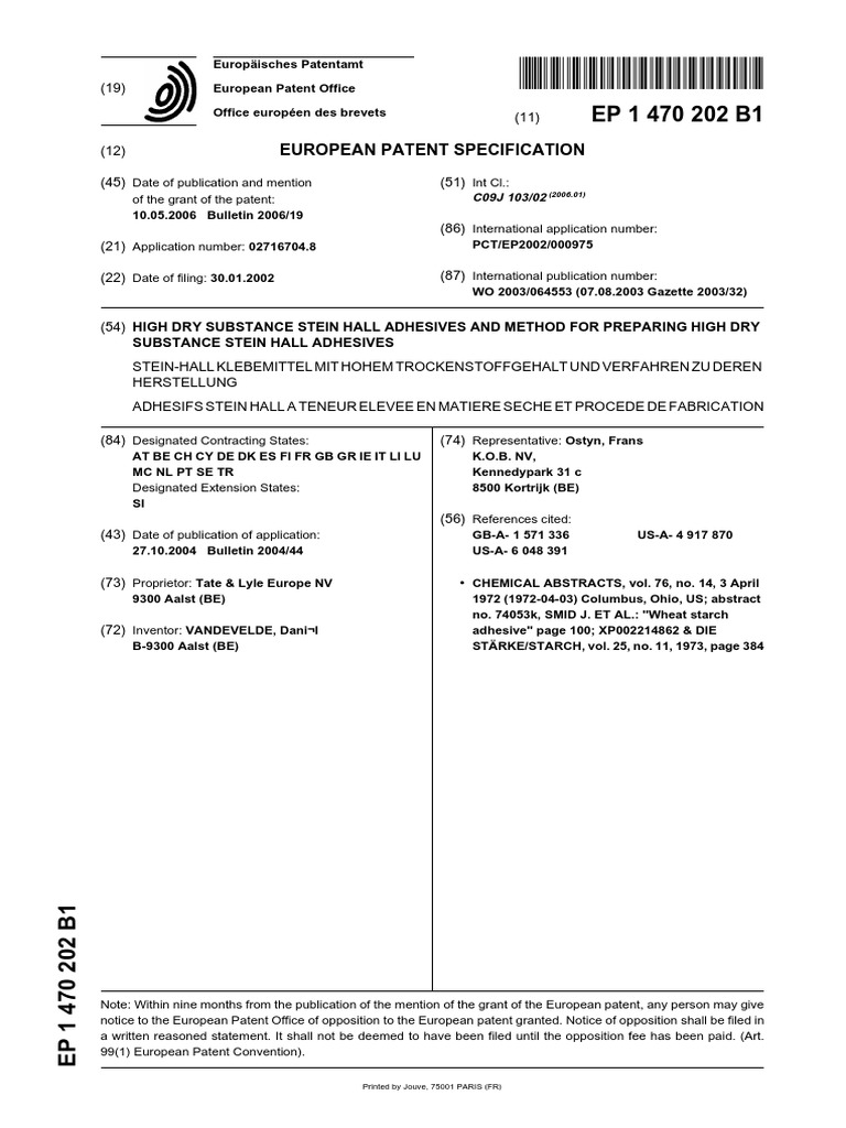 European Patent Specification | PDF | Starch | Adhesive