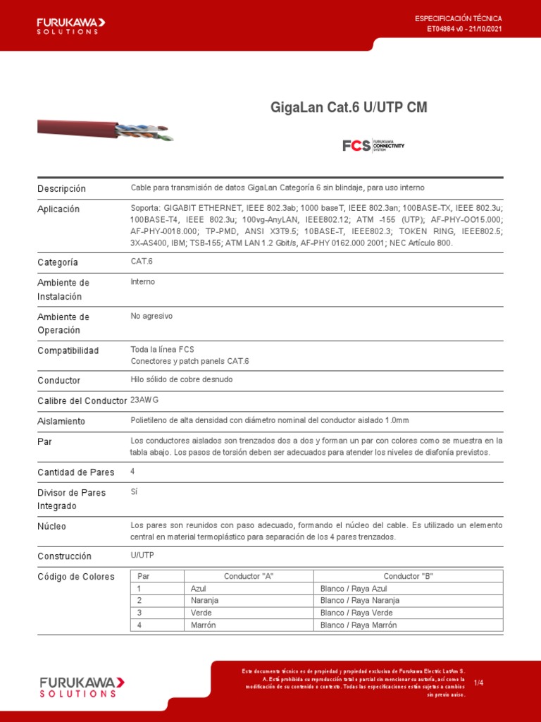 Datasheet Furukawa CAT6 Gigalan-Cat6-Uutp-Cm | PDF | Instituto de Ingenieros Eléctricos y ...