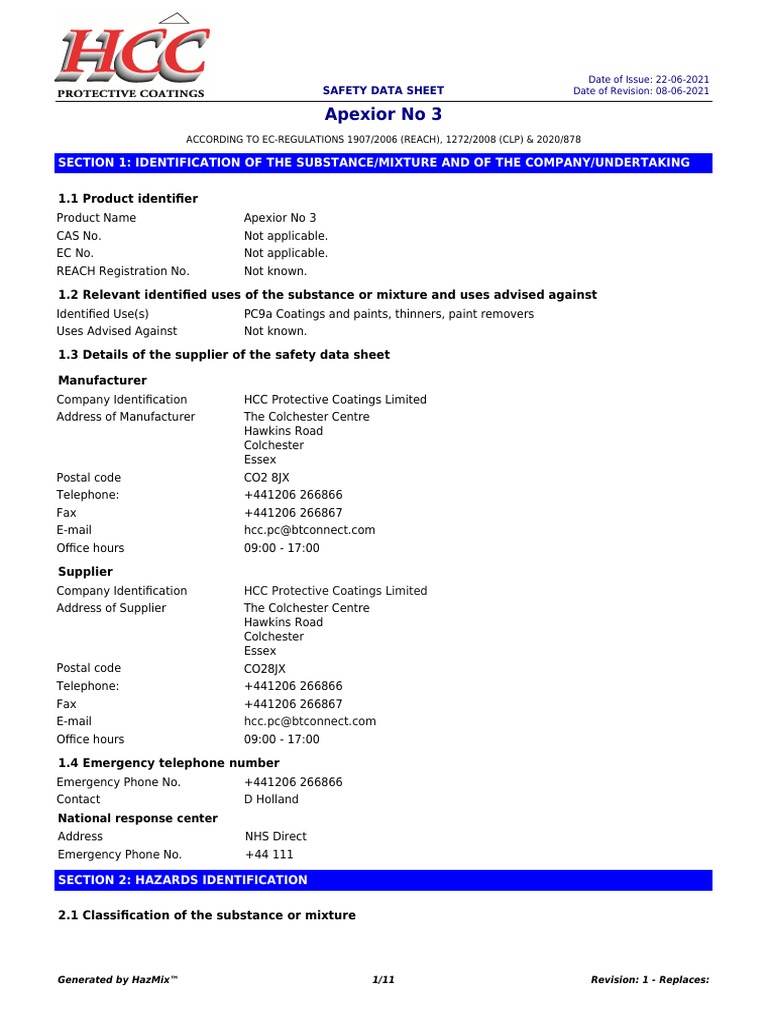 Apexior 3 Hoja Seguridad | PDF | Toxicity | Waste Management