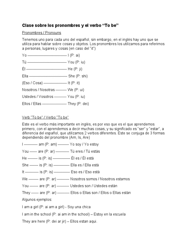 Clase Sobre Los Pronombres y El Verbo "To Be" | PDF | Verbo | Gramática