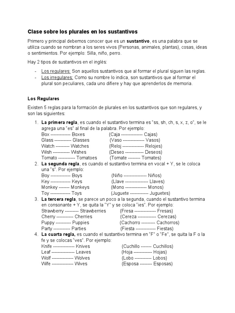 Clase Sobre Los Plurales en Los Sustantivos | PDF | Sustantivo ...