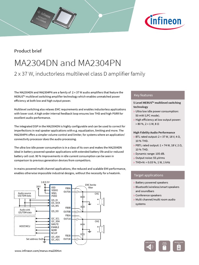 Infineon ClassDaudio - MERUS - MA2304 ProductBrief v01 - 00 EN | PDF | Amplifier | Loudspeaker