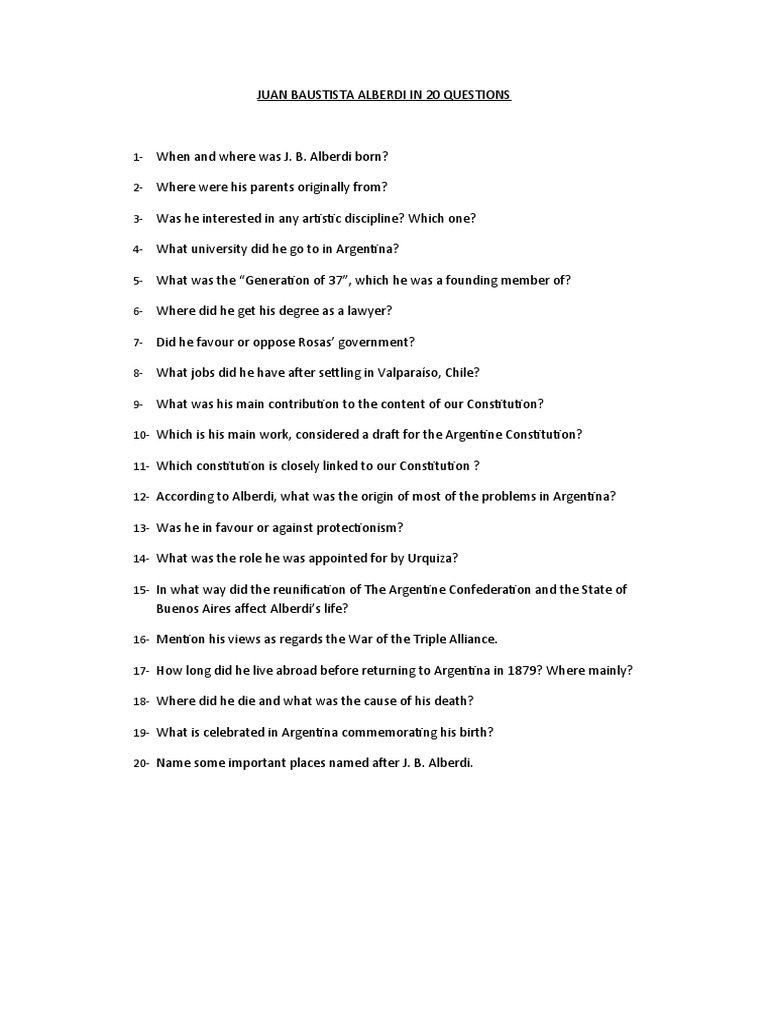 Juan Baustista Alberdi in 20 Questions | PDF