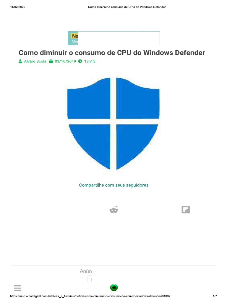 Como Diminuir Consumo de CPU Do Windows Defender | PDF