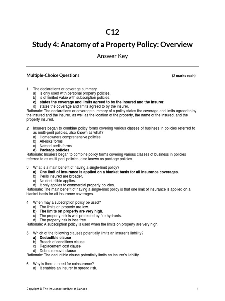 C12 Study 4: Anatomy of A Property Policy: Overview: Answer Key | PDF | Insurance | Deductible