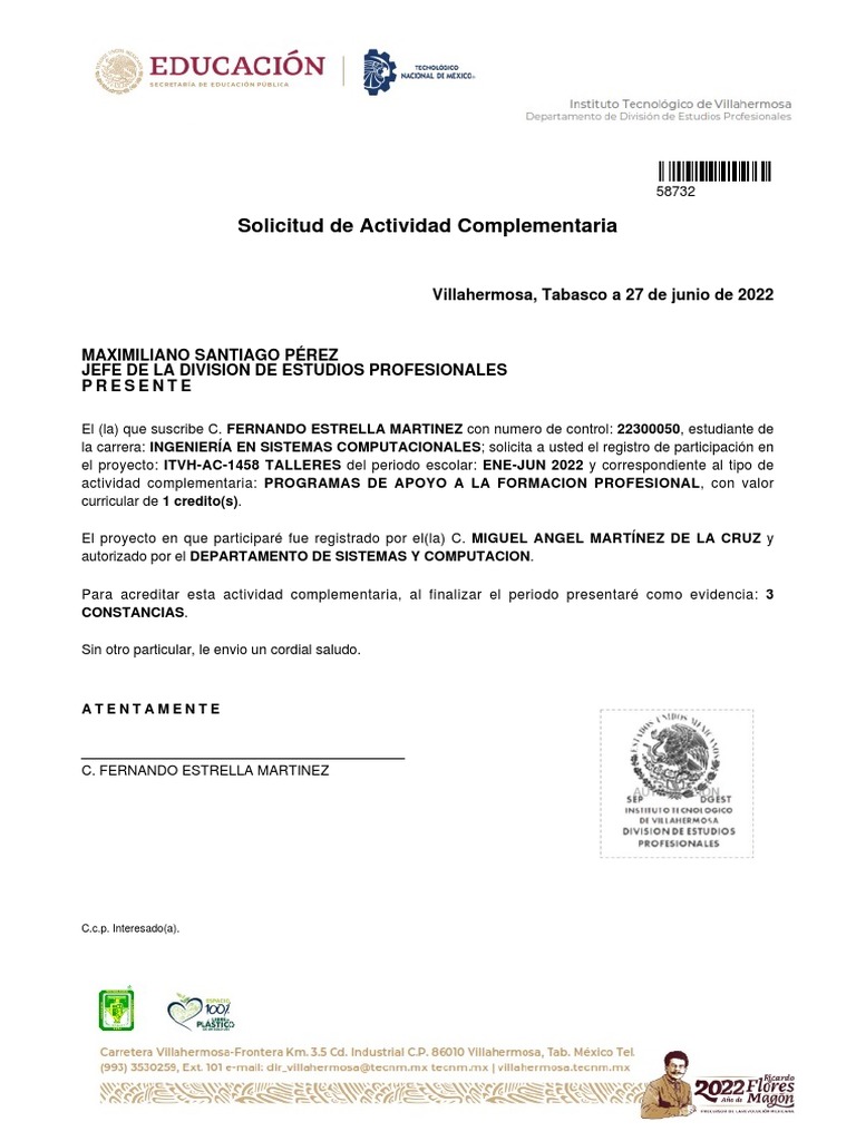 Solicitud de Actividad Complementaria: Villahermosa, Tabasco A 27 de Junio de 2022 | PDF