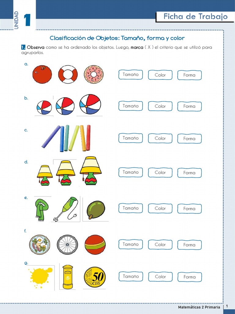 Ficha de Trabajo: Clasificación de Objetos Por Su Tamaño, Color y Forma ...