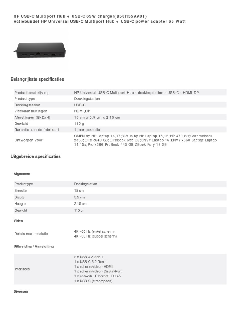 Product Data Sheet - HP USB-C Multiport Hub + USB-C 65W Charger ...