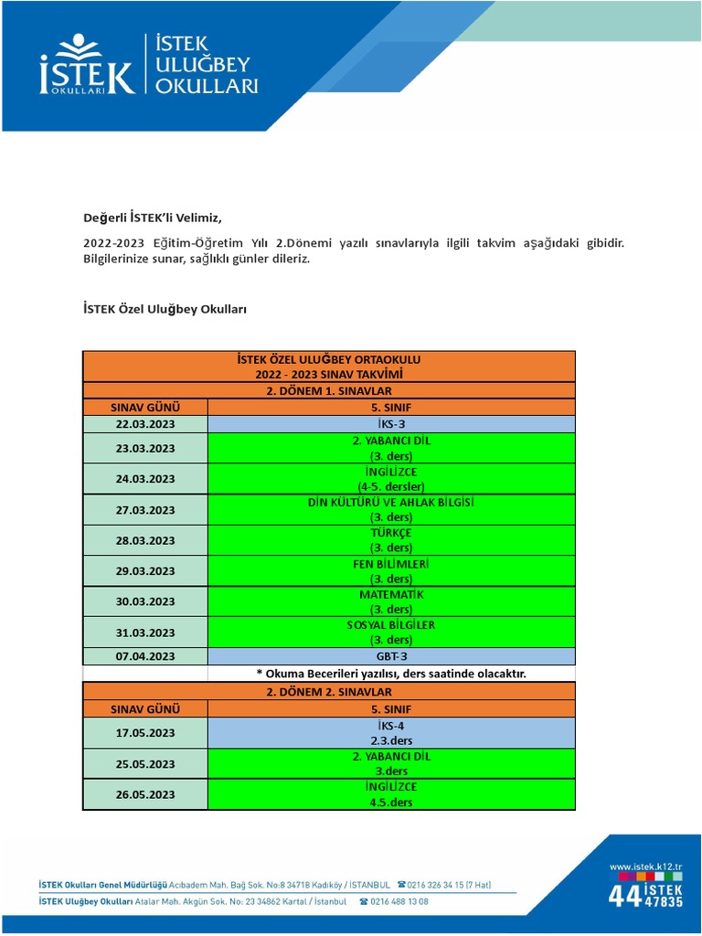 5.sinif 2.donem Sinav Takvimi-1 | PDF