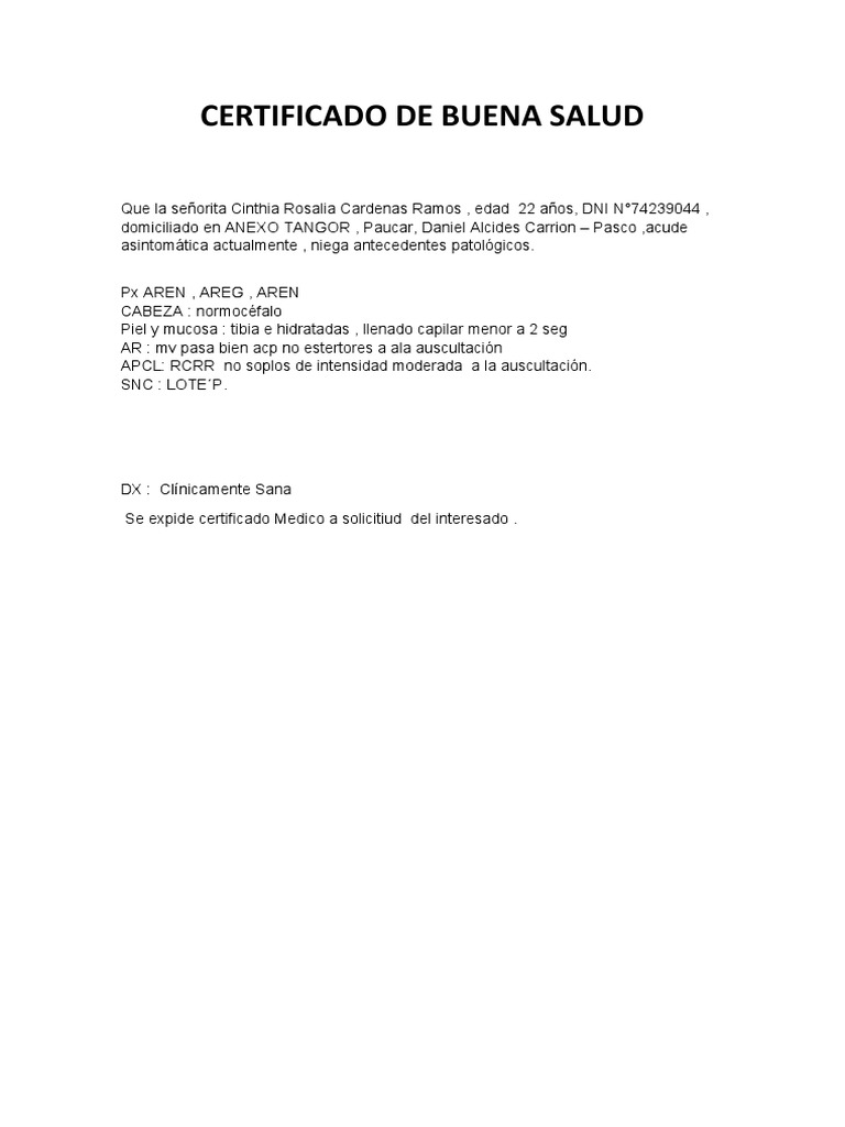Certificado de Buena Salud | PDF