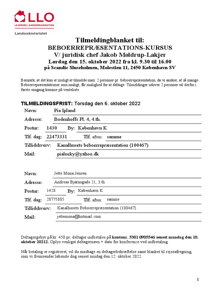 Tilmeldingblanket Til:: Beboerrepræsentations-Kursus V/ Juridisk Chef ...