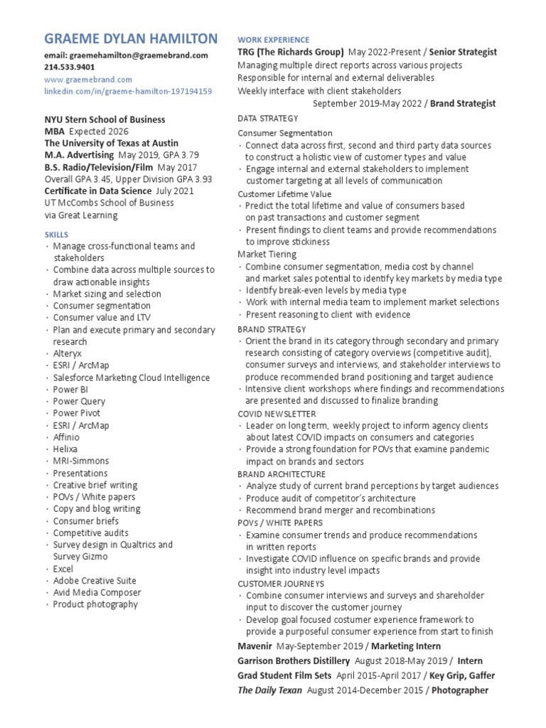 Graeme Hamilton Resume NYU | PDF | Market Segmentation | Brand