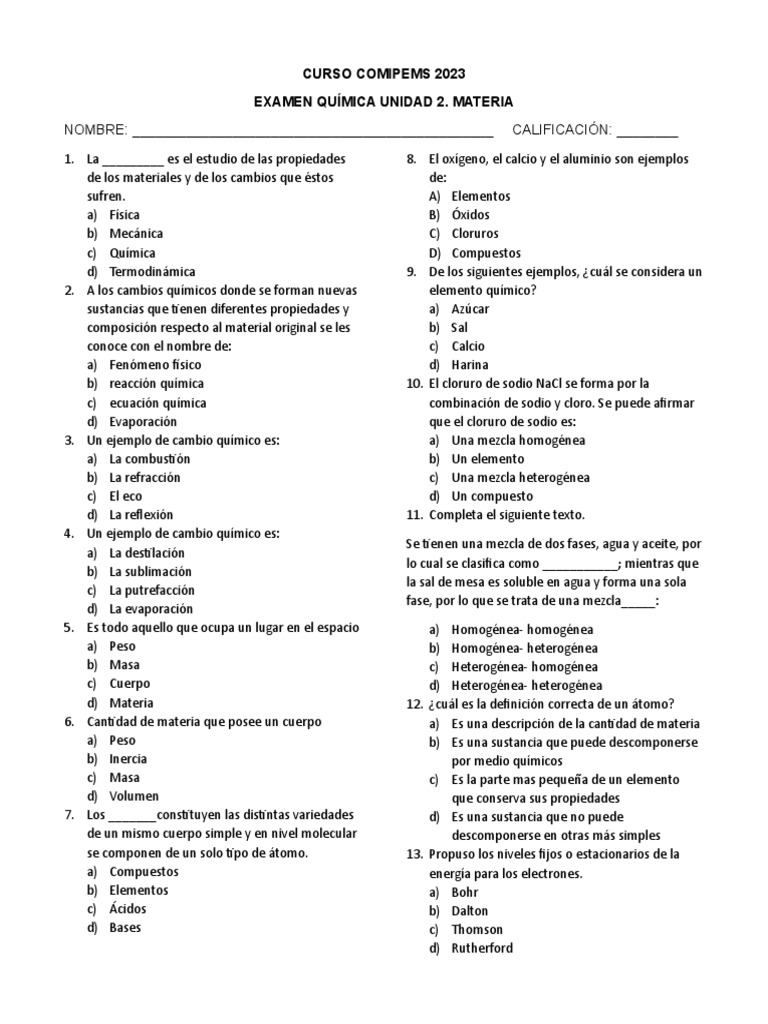 Examen Quimica Unidad 2 COMIPEMS 2023 | PDF | Átomos | Importar