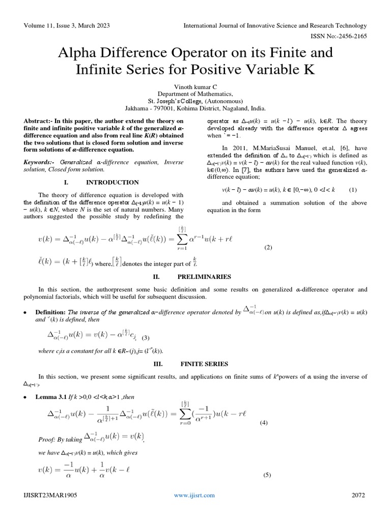 Alpha Difference Operator On Its Finite and Infinite Series For Positive Variable K | PDF ...