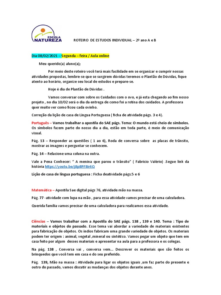 Roteiro de Estudo Aulas Online | PDF