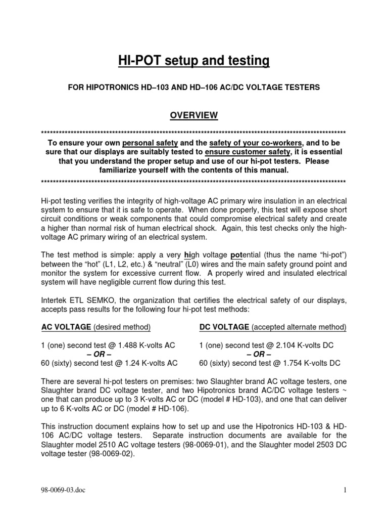 Hi Pot Setup And Testing Pdf Alternating Current Switch