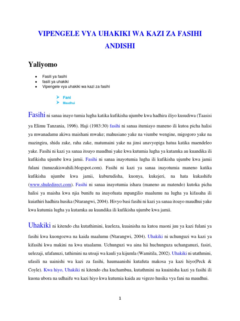 Vipengele Vya Uhakiki Wa Kazi Za Fasihi Andishi: Yaliyomo | PDF