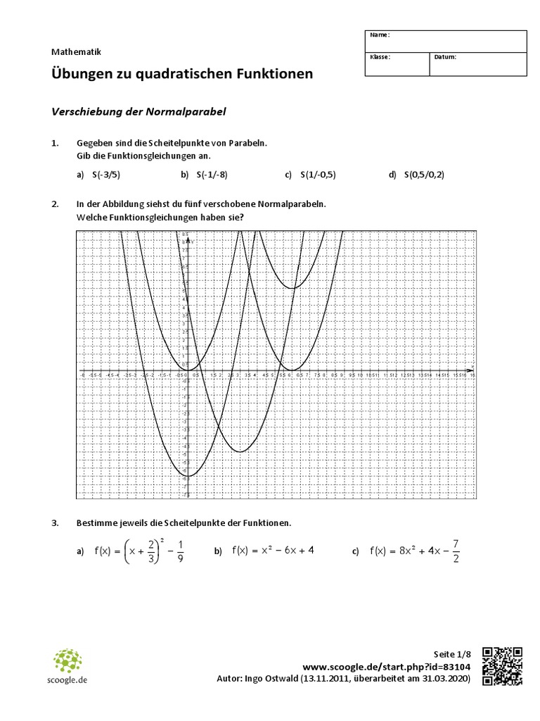 Übungen Zu Quadratischen Funktionen: Verschiebung Der Normalparabel | PDF