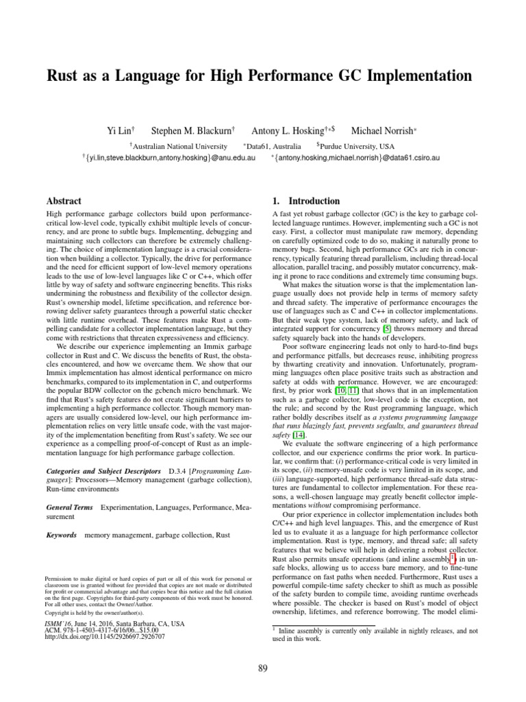 Rust As A Language For High Performance Gc Implementation Pdf Pointer Computer Programming
