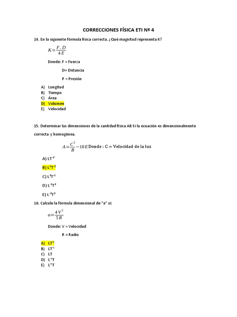 Correcciones Física Eti 4 Donde C Velocidad De La Luz A Lt B L T C